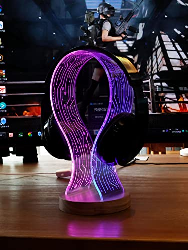 YuanDian Headphone Stand, Walnut Wood Headset Holder with Blue Pink LED Night Light for Gamers, Men, and Music Lovers - Perfect Desk Gift Idea