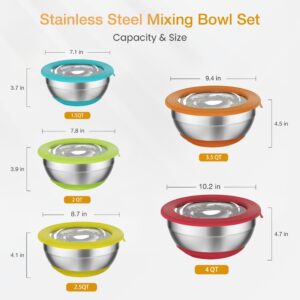 Humiwing Mixing Bowls with Lid Set, Mixing Bowls for Kitchen with Lids, Nesting Bowls with 3 Grater Attachments & Non-Slip Bottoms for Mixing, Serving, Baking, Prepping