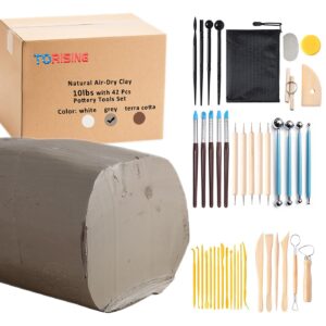 torising air dry clay 10 lbs with 42 pcs set pottery clay tools set for hand modeling and throwing, non-toxic (gray & kit)