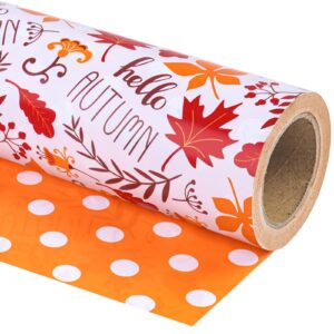 wrapaholic reversible autumn wrapping paper - mini roll - 17 inch x 33 feet - maple leaf and orange polka dots autumn design for fall celebrating, holiday, party