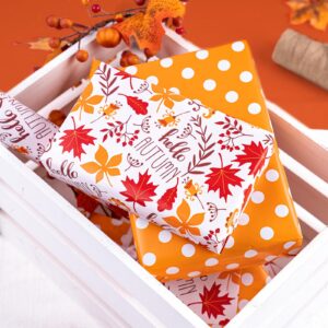 WRAPAHOLIC Reversible Autumn Wrapping Paper - Mini Roll - 17 Inch X 33 Feet - Maple Leaf and Orange Polka Dots Autumn Design for Fall Celebrating, Holiday, Party