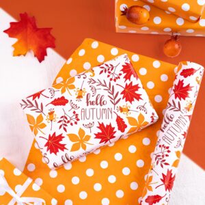 WRAPAHOLIC Reversible Autumn Wrapping Paper - Mini Roll - 17 Inch X 33 Feet - Maple Leaf and Orange Polka Dots Autumn Design for Fall Celebrating, Holiday, Party