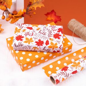 WRAPAHOLIC Reversible Autumn Wrapping Paper - Mini Roll - 17 Inch X 33 Feet - Maple Leaf and Orange Polka Dots Autumn Design for Fall Celebrating, Holiday, Party