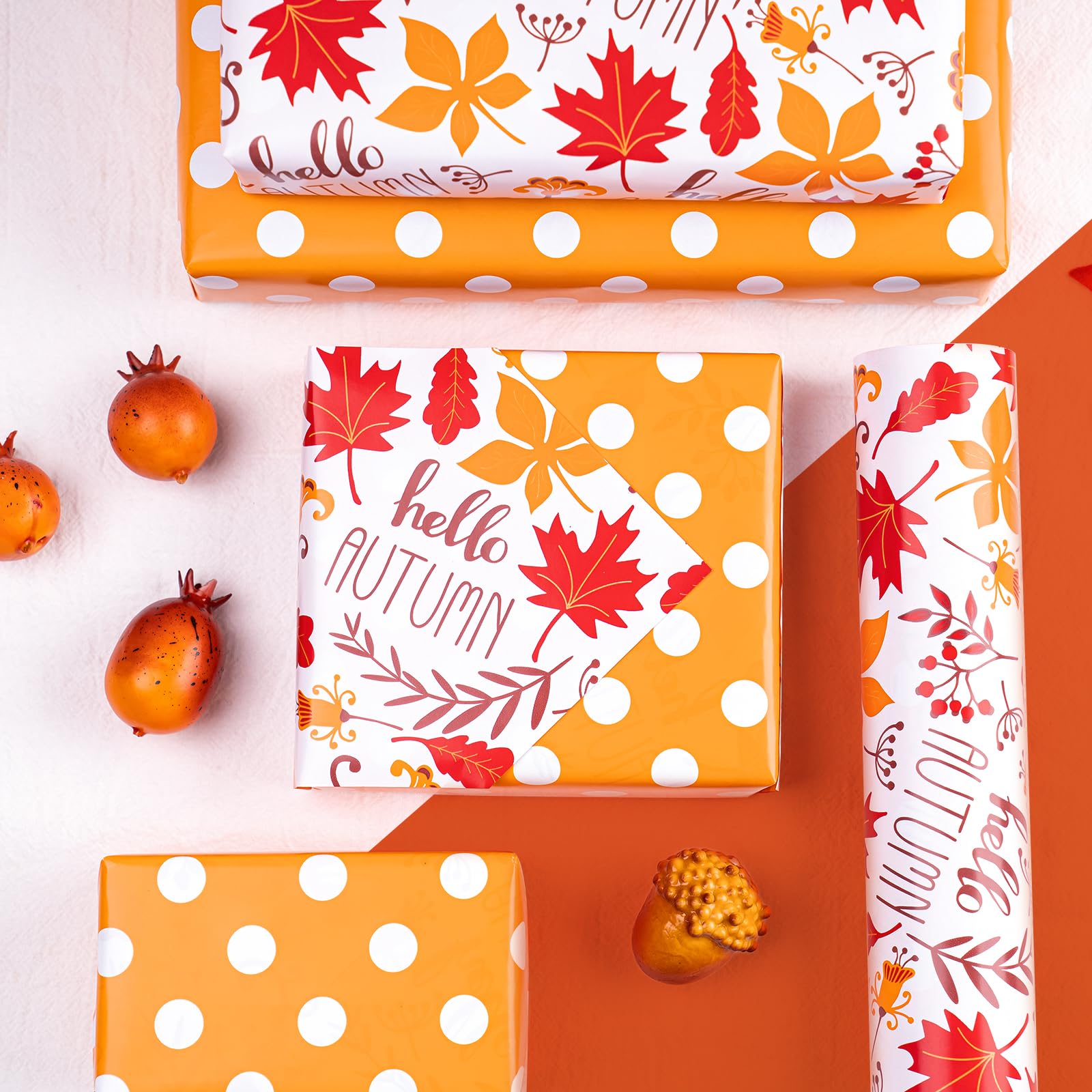 WRAPAHOLIC Reversible Autumn Wrapping Paper - Mini Roll - 17 Inch X 33 Feet - Maple Leaf and Orange Polka Dots Autumn Design for Fall Celebrating, Holiday, Party