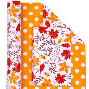 WRAPAHOLIC Reversible Autumn Wrapping Paper - Mini Roll - 17 Inch X 33 Feet - Maple Leaf and Orange Polka Dots Autumn Design for Fall Celebrating, Holiday, Party