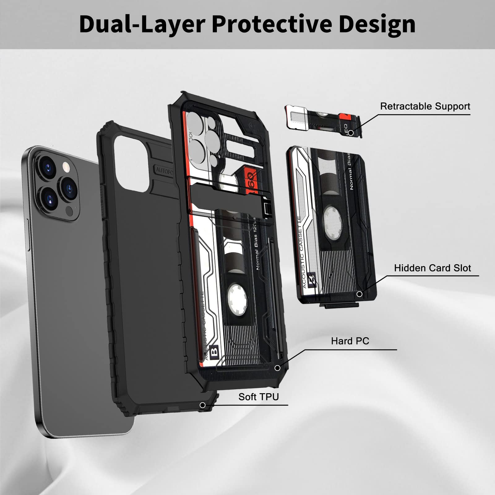 CGFGHHUY for iPhone 13 Pro Max Phone Case for iPhone 13 Pro Max Wallet Case with Credit Card Holder & Kickstand Dual Layer Hard PC Soft TPU Case for iPhone 13 Pro Max 6.7 inch - Audio Cassette Tape