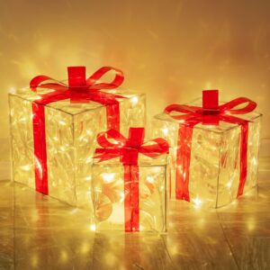 hourleey set of 3 christmas lighted gift boxes, pre-lit 60 led light up present boxes ornament decorations with ribbons for indoor outdoor xmas tree home yard lawn decor, warm white