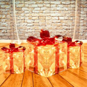 Hourleey Set of 3 Christmas Lighted Gift Boxes, Pre-lit 60 LED Light Up Present Boxes Ornament Decorations with Ribbons for Indoor Outdoor Xmas Tree Home Yard Lawn Decor, Warm White