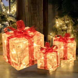 Hourleey Set of 3 Christmas Lighted Gift Boxes, Pre-lit 60 LED Light Up Present Boxes Ornament Decorations with Ribbons for Indoor Outdoor Xmas Tree Home Yard Lawn Decor, Warm White