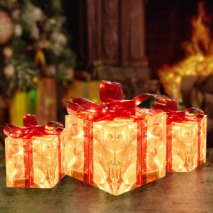 Hourleey Set of 3 Christmas Lighted Gift Boxes, Pre-lit 60 LED Light Up Present Boxes Ornament Decorations with Ribbons for Indoor Outdoor Xmas Tree Home Yard Lawn Decor, Warm White