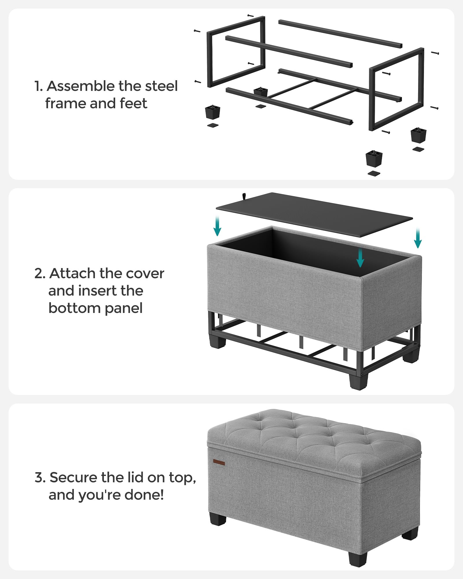 SONGMICS Storage Ottoman Bench, Bench with Storage, for Entryway, Bedroom, Living Room, Light Gray ULSF068G02