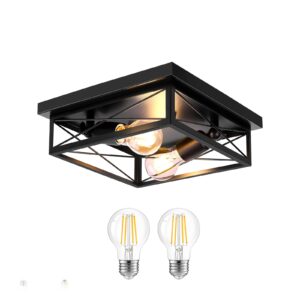 oneleja black rustic flush mount ceiling light fixture, 2 lights industrial square metal cage farmhouse ceiling light for hallway entryway kitchen bedroom porch