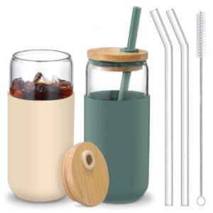 20oz beer can shaped glass cups with bamboo lids, straws, and protective sleeves - for water, tea, iced coffee