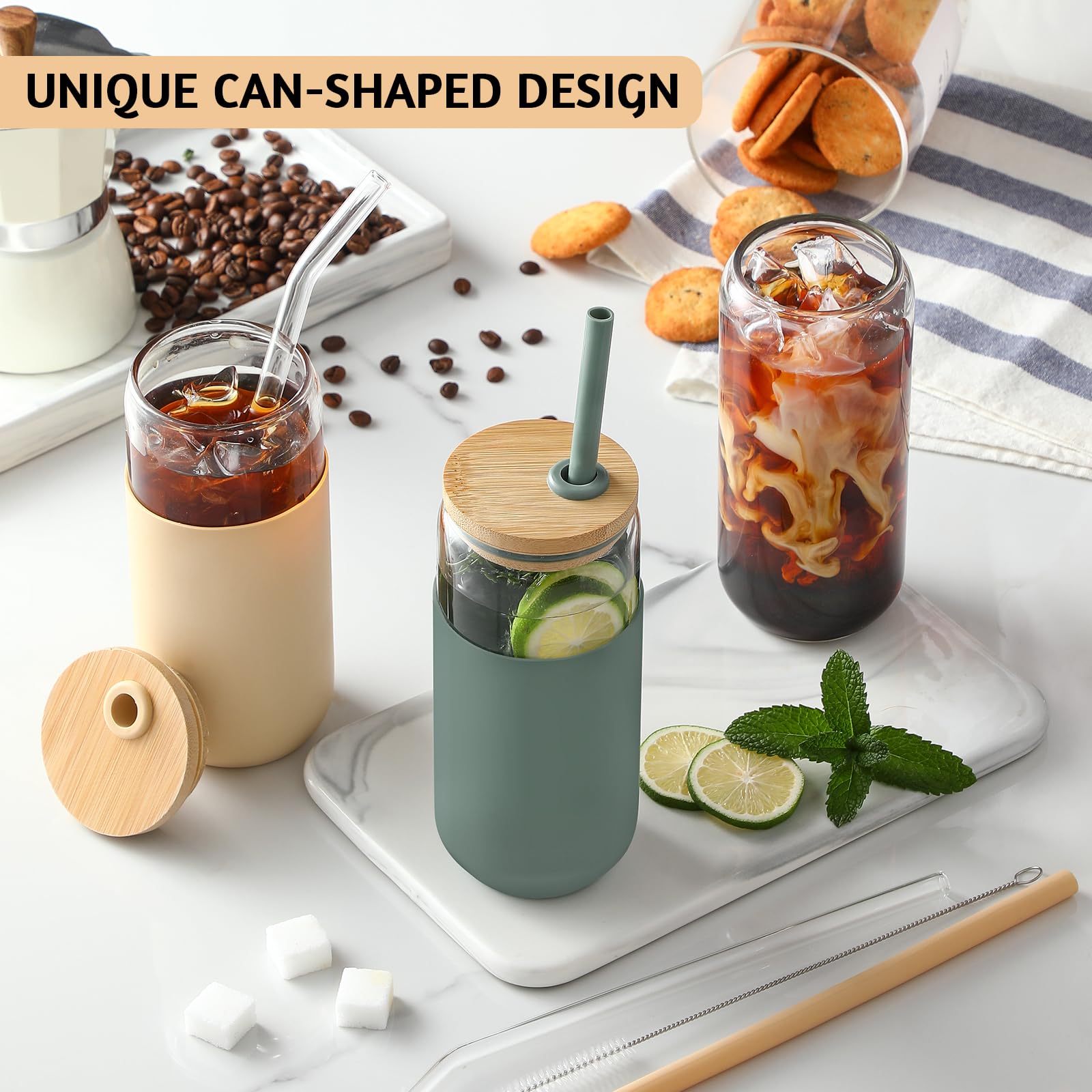 20oz Beer Can Shaped Glass Cups with Bamboo Lids, Straws, and Protective Sleeves - For Water, Tea, Iced Coffee