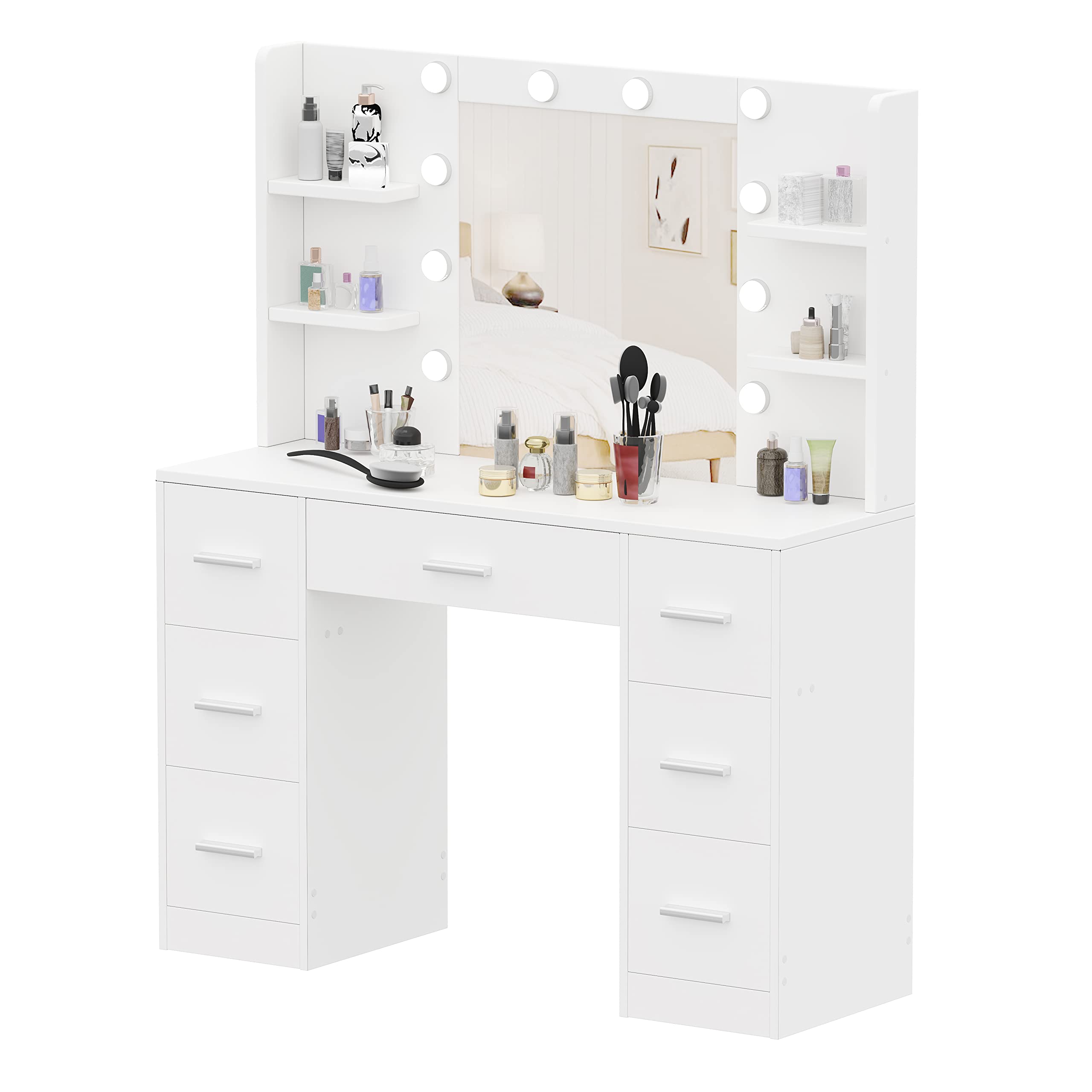 Irontar Vanity Desk, Makeup Vanity with 10 LED Lights & 7 Metal Sliding Drawers, Brightness Adjustable, Vanity Table with 6 Open Shelves, Makeup Table for Women, White WDT005W