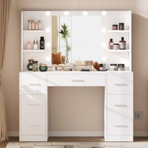 Irontar Vanity Desk, Makeup Vanity with 10 LED Lights & 7 Metal Sliding Drawers, Brightness Adjustable, Vanity Table with 6 Open Shelves, Makeup Table for Women, White WDT005W