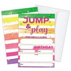 jump trampoline party birthday invitations, bounce house party invitations for boys girls kids, jumping party invitations, jump party invites (20 sets 4" x 6" cards with envelopes) - jy564