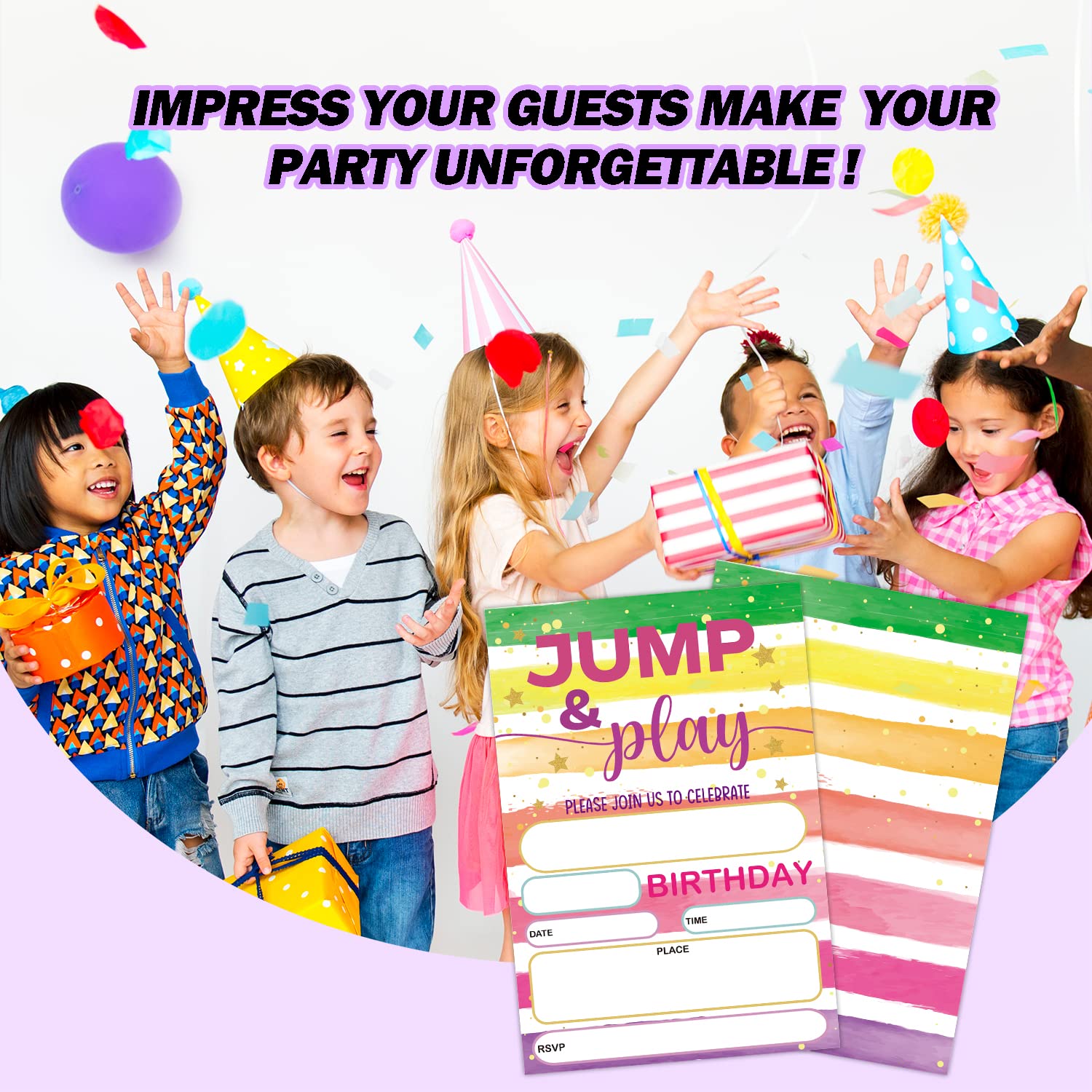 Jump Trampoline Party Birthday Invitations, Bounce House Party Invitations for Boys Girls Kids, Jumping Party Invitations, Jump Party Invites (20 Sets 4" x 6" Cards with Envelopes) - JY564