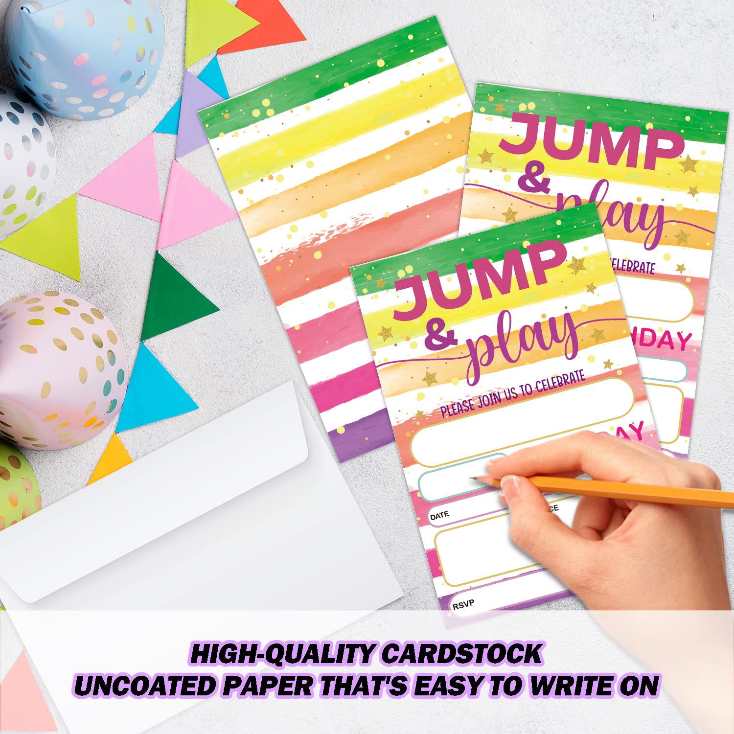 Jump Trampoline Party Birthday Invitations, Bounce House Party Invitations for Boys Girls Kids, Jumping Party Invitations, Jump Party Invites (20 Sets 4" x 6" Cards with Envelopes) - JY564