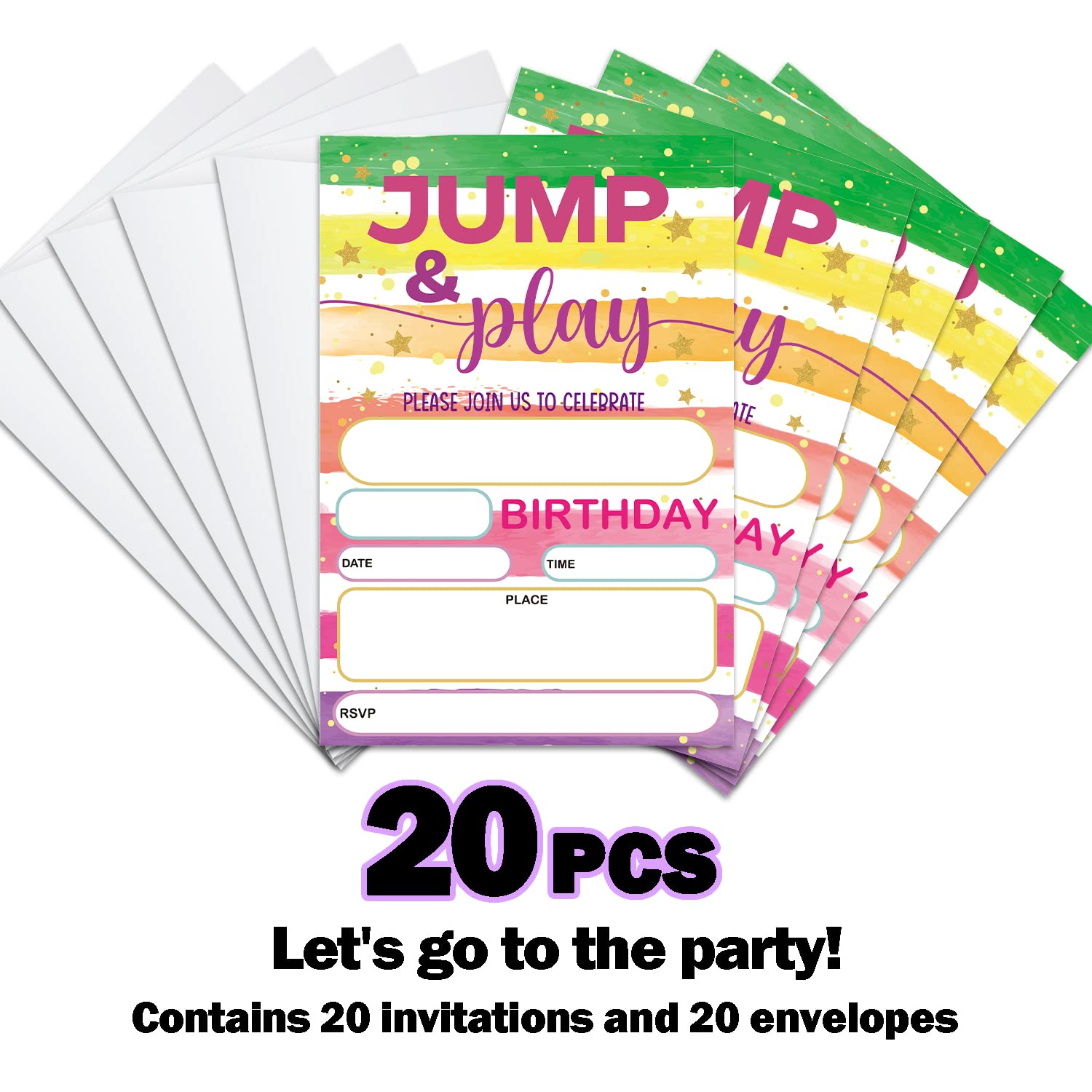 Jump Trampoline Party Birthday Invitations, Bounce House Party Invitations for Boys Girls Kids, Jumping Party Invitations, Jump Party Invites (20 Sets 4" x 6" Cards with Envelopes) - JY564