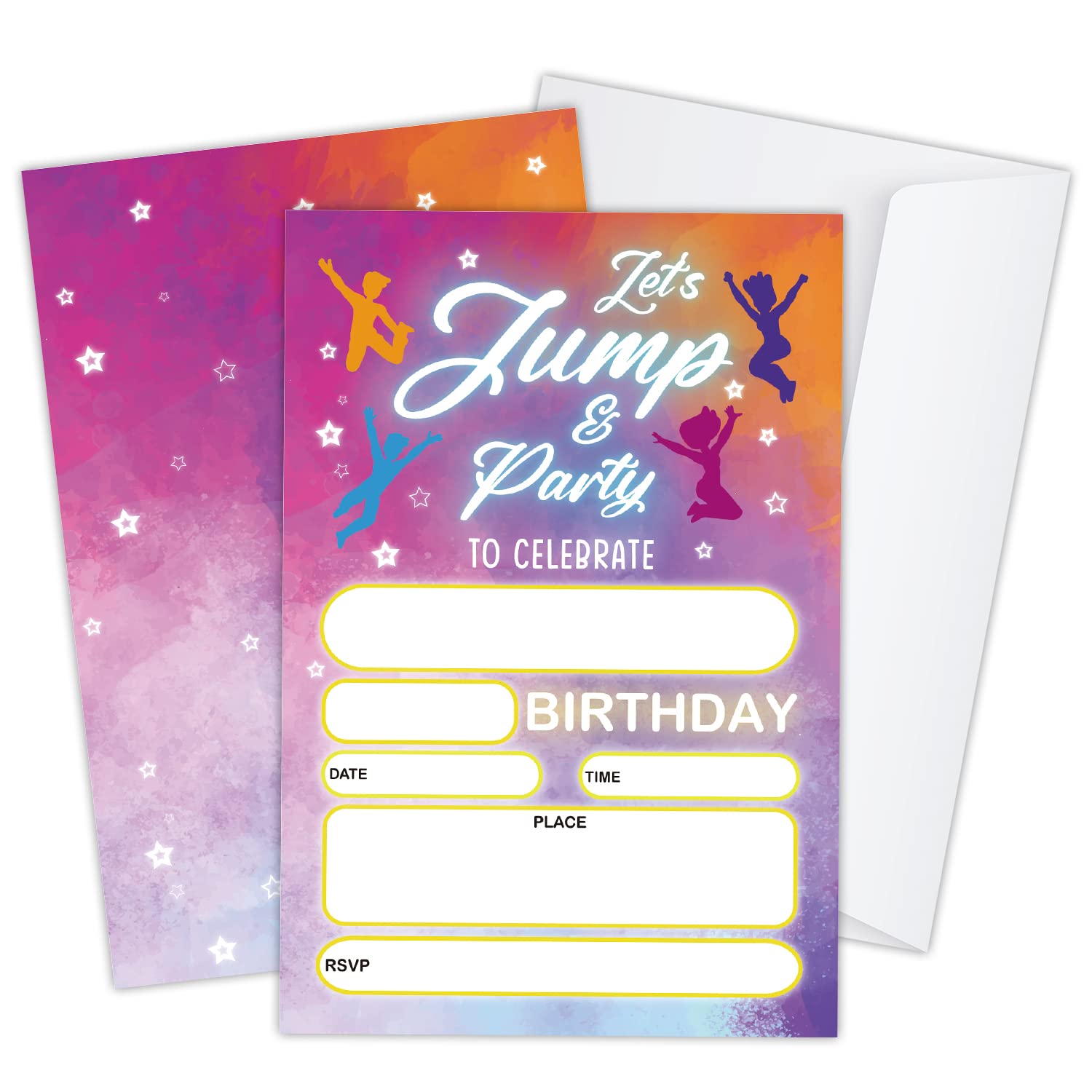 Jump Trampoline Party Birthday Invitations, Bounce House Party Invitations for Boys Girls Kids, Jumping Party Invitations, Jump Party Invites (20 Sets 4" x 6" Cards with Envelopes) - JY561