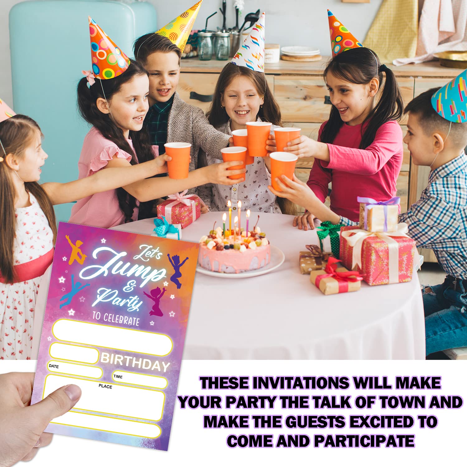 Jump Trampoline Party Birthday Invitations, Bounce House Party Invitations for Boys Girls Kids, Jumping Party Invitations, Jump Party Invites (20 Sets 4" x 6" Cards with Envelopes) - JY561