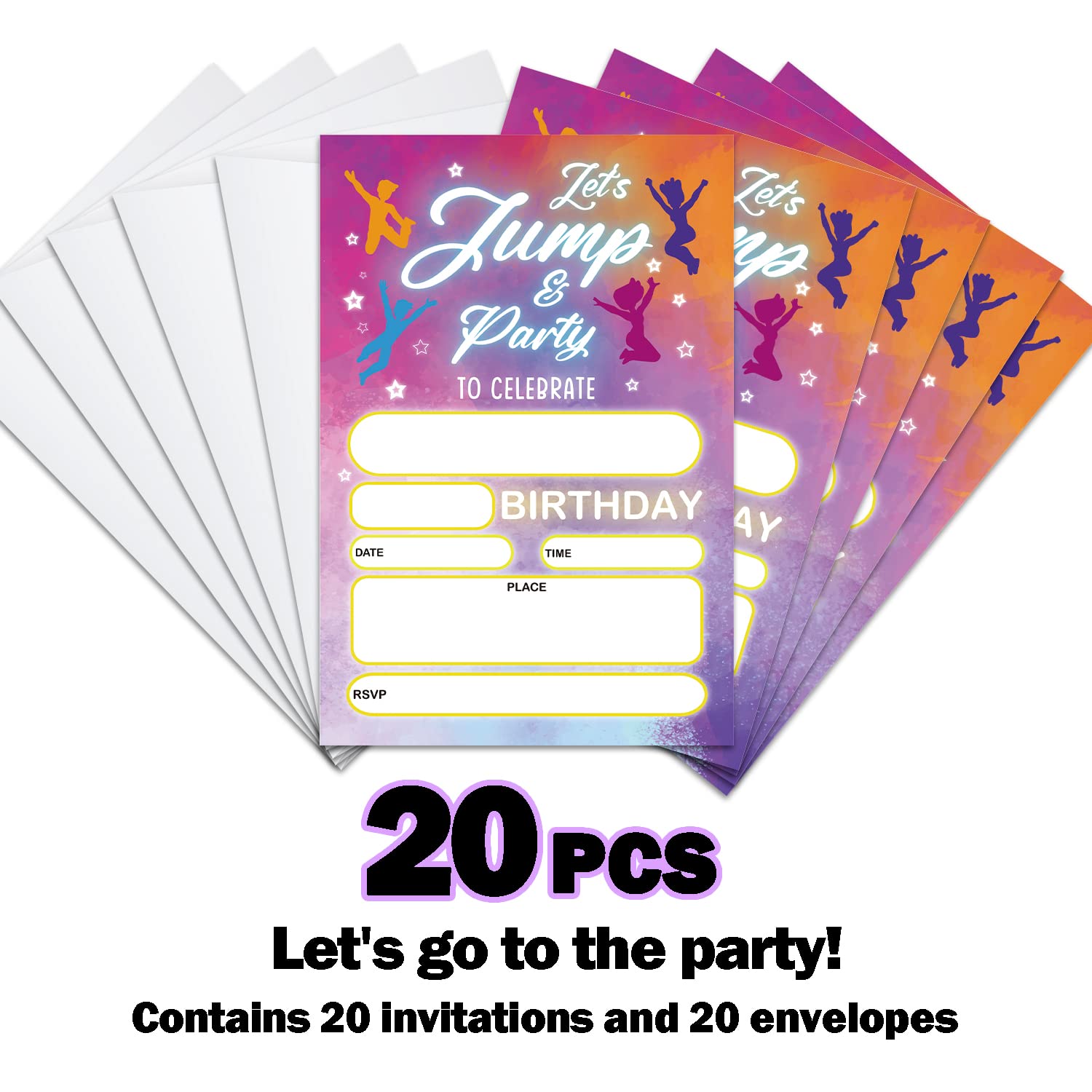 Jump Trampoline Party Birthday Invitations, Bounce House Party Invitations for Boys Girls Kids, Jumping Party Invitations, Jump Party Invites (20 Sets 4" x 6" Cards with Envelopes) - JY561