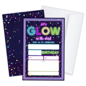 glow birthday party invitations, glow in the dark birthday party invitation for girls boys kids, neon glow birthday invitations, glow birthday invites (20 sets 4" x 6" cards with envelopes) - jy516