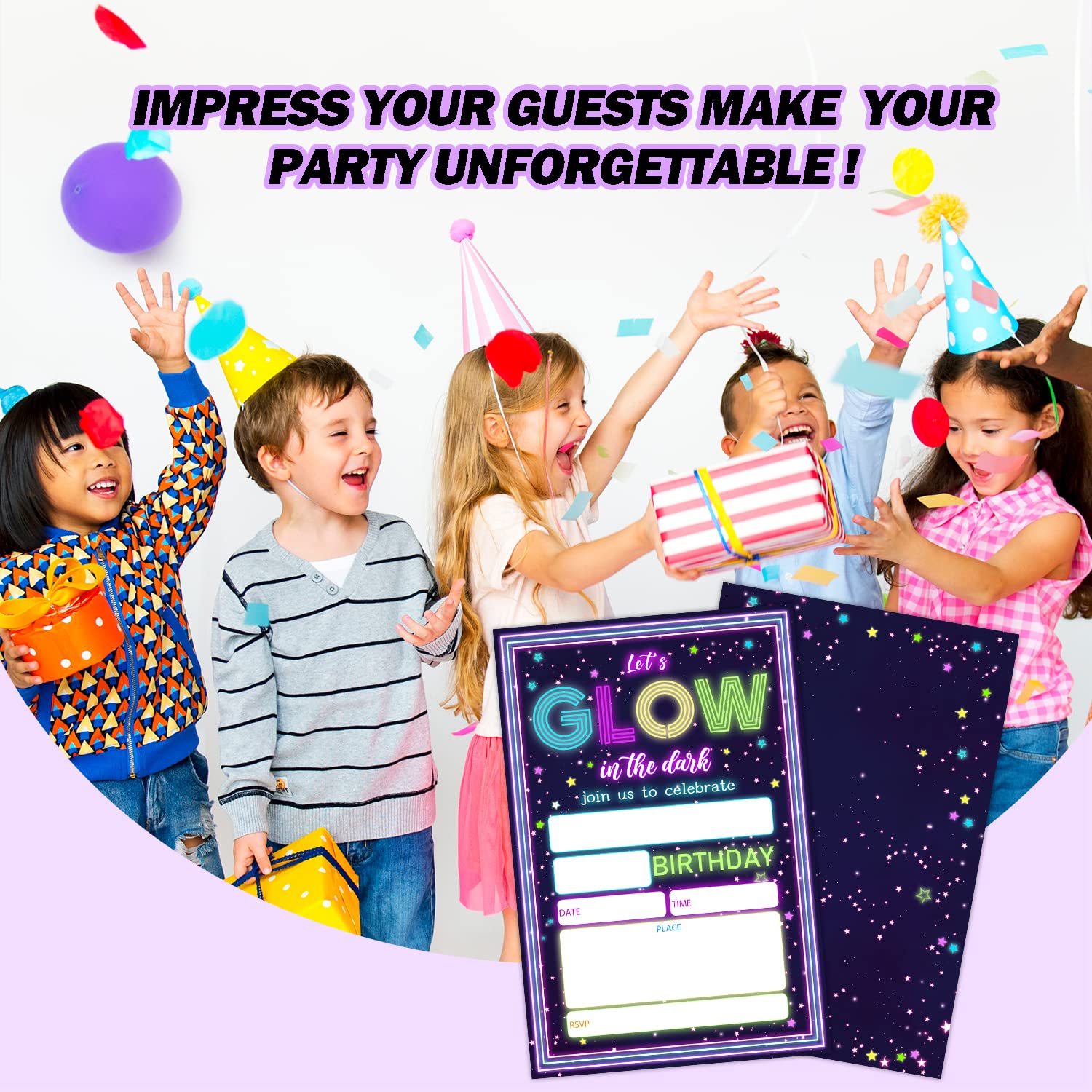 Glow Birthday Party Invitations, Glow in The Dark Birthday Party Invitation for Girls Boys Kids, Neon Glow Birthday Invitations, Glow Birthday Invites (20 Sets 4" x 6" Cards with Envelopes) - JY516