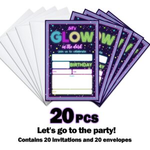 Glow Birthday Party Invitations, Glow in The Dark Birthday Party Invitation for Girls Boys Kids, Neon Glow Birthday Invitations, Glow Birthday Invites (20 Sets 4" x 6" Cards with Envelopes) - JY516