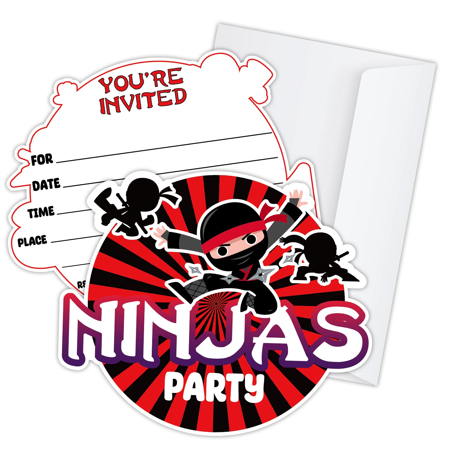 Karate Ninjas Birthday Invitations, Ninja Samurai Shaped Birthday Party Invitation Cards for Kids Girls Boys Adults, Ninja Birthday Party Decorations -(20 Sets 4" x 6" Cards with Envelopes) - JY570