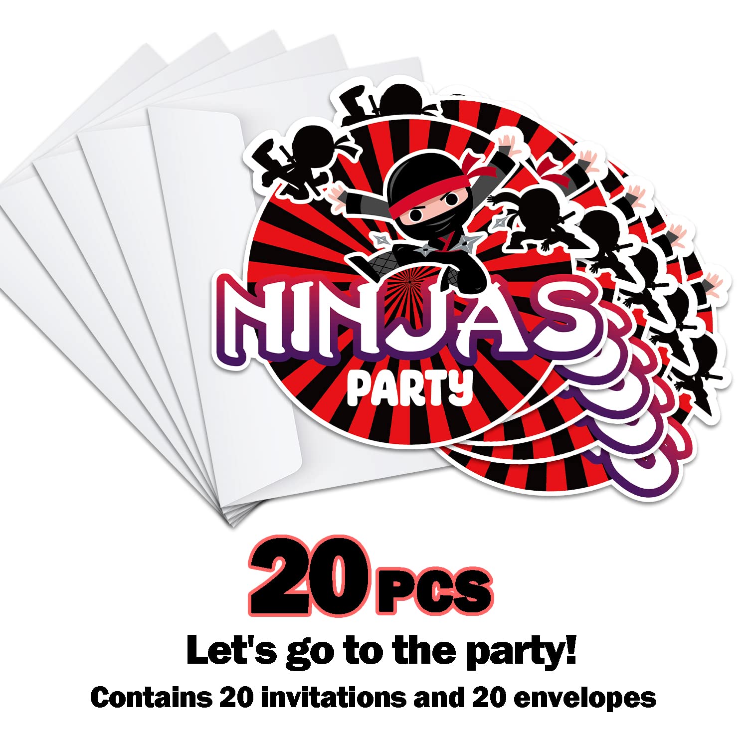 Karate Ninjas Birthday Invitations, Ninja Samurai Shaped Birthday Party Invitation Cards for Kids Girls Boys Adults, Ninja Birthday Party Decorations -(20 Sets 4" x 6" Cards with Envelopes) - JY570