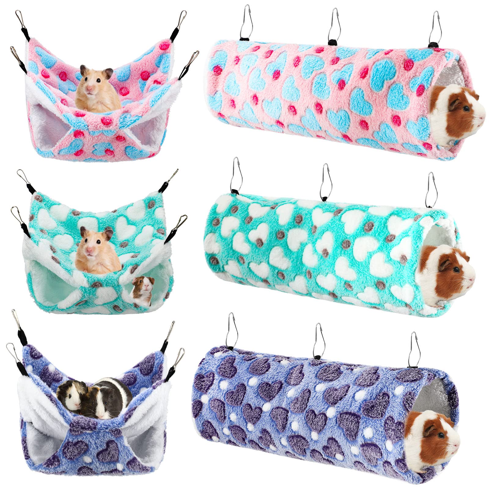 Sweetude 6 Pcs Rat Hammocks Set Ferret Hanging Tunnel Sugar Glider Toy PET Hideout Bed for Cage Small Animal Guinea Pig Hideout Tunnel Bed Hamster Toy Accessories for Rat Ferret Guinea Pig(Lovely)