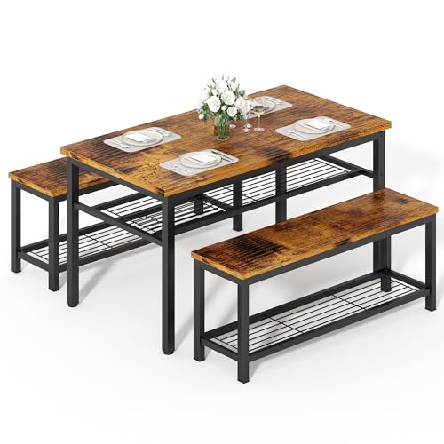 Lamerge 3-Piece Dining Table Set, Rustic Dining Table with Storage, Kitchen Table and Chairs Set for 4, Dining Table Set with 2 Benches, Industrial Dining Table Set for Dining Room, Kitchen