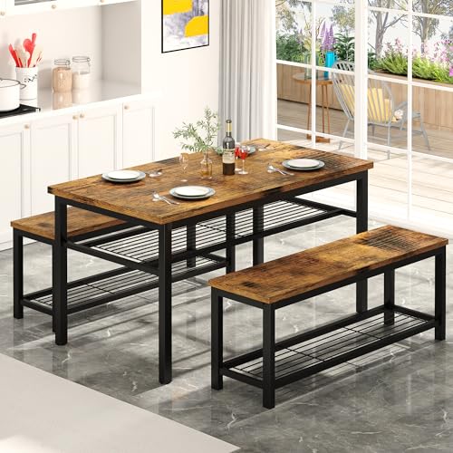 Lamerge 3-Piece Dining Table Set, Rustic Dining Table with Storage, Kitchen Table and Chairs Set for 4, Dining Table Set with 2 Benches, Industrial Dining Table Set for Dining Room, Kitchen