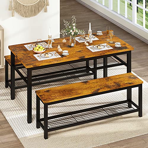 Lamerge 3-Piece Dining Table Set, Rustic Dining Table with Storage, Kitchen Table and Chairs Set for 4, Dining Table Set with 2 Benches, Industrial Dining Table Set for Dining Room, Kitchen