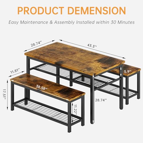 Lamerge 3-Piece Dining Table Set, Rustic Dining Table with Storage, Kitchen Table and Chairs Set for 4, Dining Table Set with 2 Benches, Industrial Dining Table Set for Dining Room, Kitchen