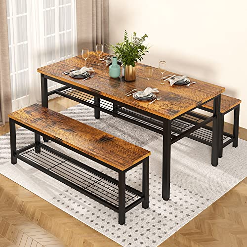 Lamerge 3-Piece Dining Table Set, Rustic Dining Table with Storage, Kitchen Table and Chairs Set for 4, Dining Table Set with 2 Benches, Industrial Dining Table Set for Dining Room, Kitchen