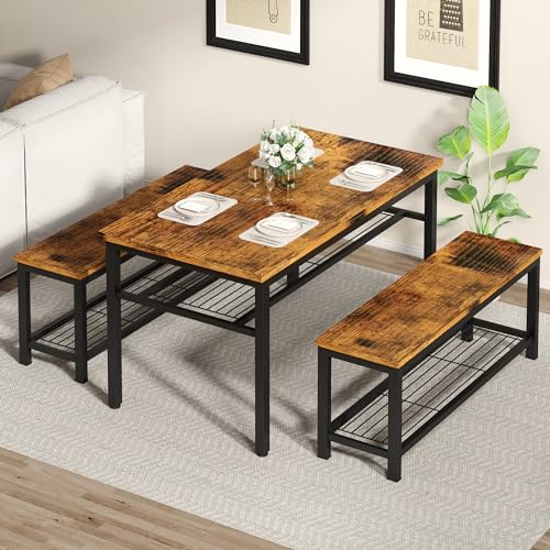 Lamerge 3-Piece Dining Table Set, Rustic Dining Table with Storage, Kitchen Table and Chairs Set for 4, Dining Table Set with 2 Benches, Industrial Dining Table Set for Dining Room, Kitchen