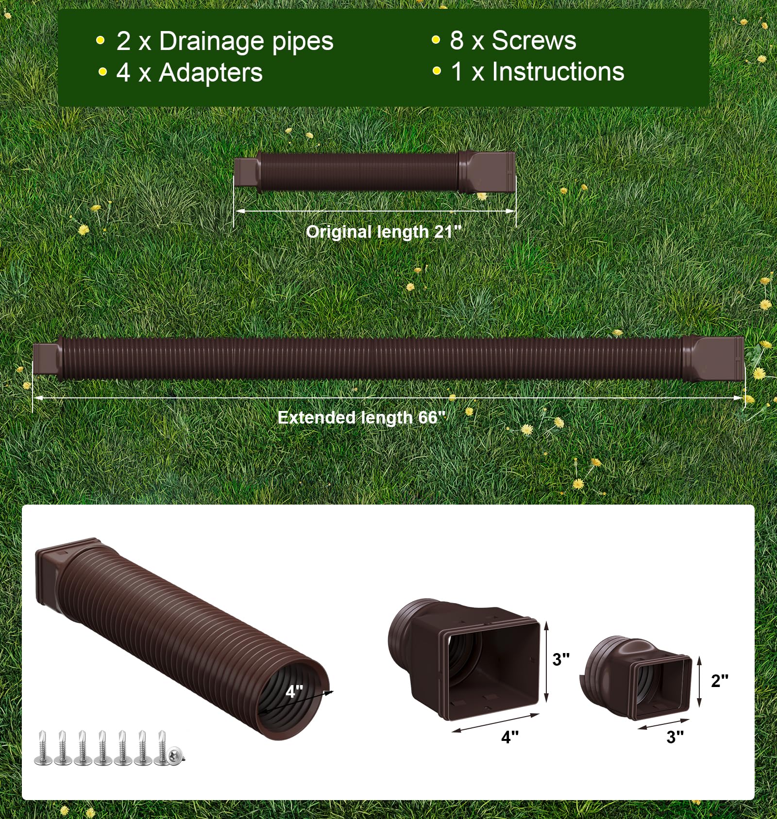 Ogutter Rain Gutter Downspout Extensions, Downspout Extender for Rainwater Drainage Flexible, Down Spout Drain Extension Pipe and Extendable from 21 to 66 Inches (2 Pack, Brown)