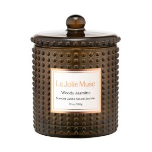 la jolie muse woody jasmine candles for home scented, luxury candles for women, candles gifts for women, natural soy wax candles, 75 hours 10 oz