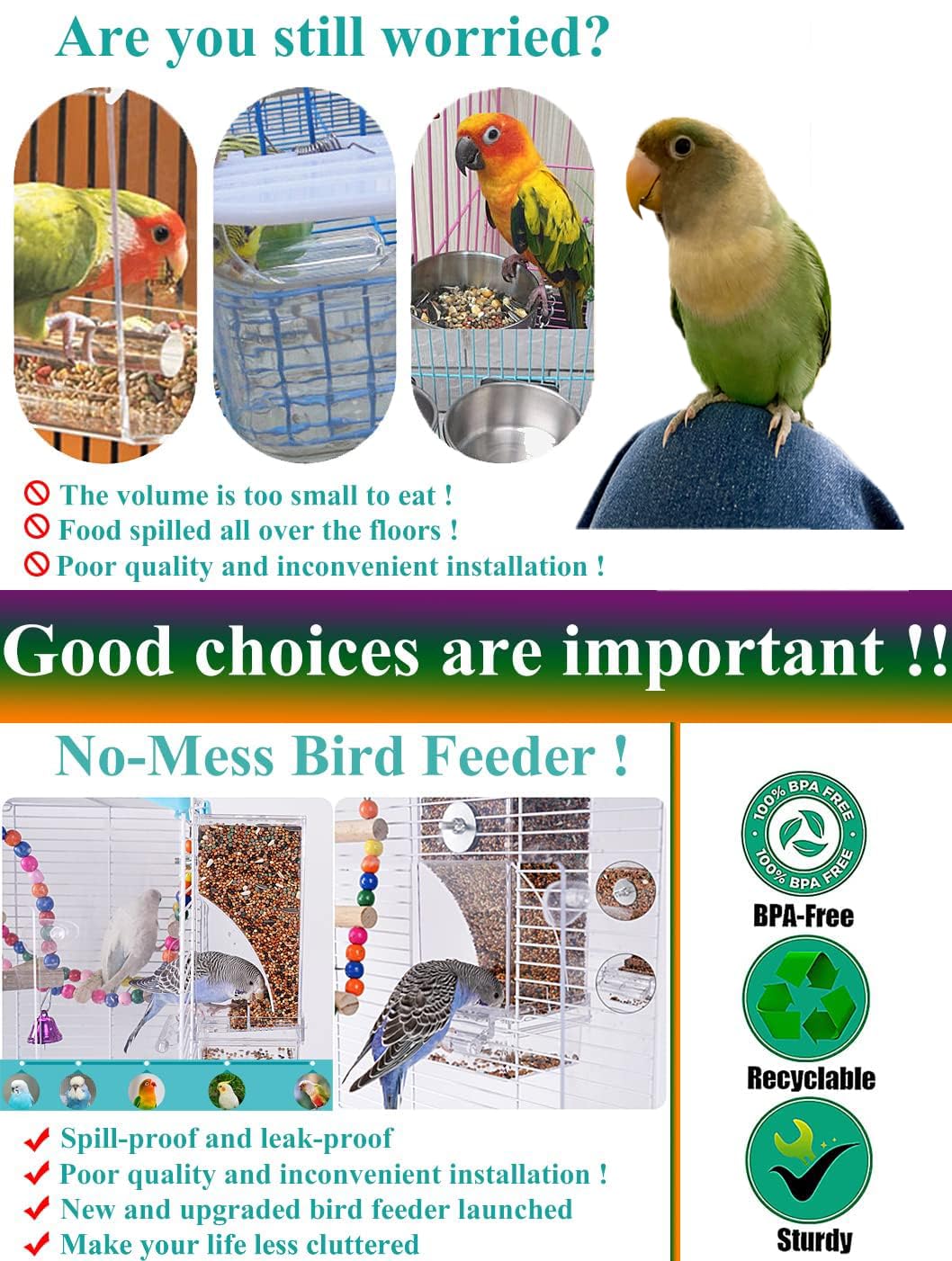 Kenond No Mess Bird Feeder Water Dispenser set, Automatic Parrot Feeder Cage Accessories, Clear Parakeet Seed container Food Feeder Drinker for Cage, Cockatiel Finch Lovebirds Budgies Canary (Blue)