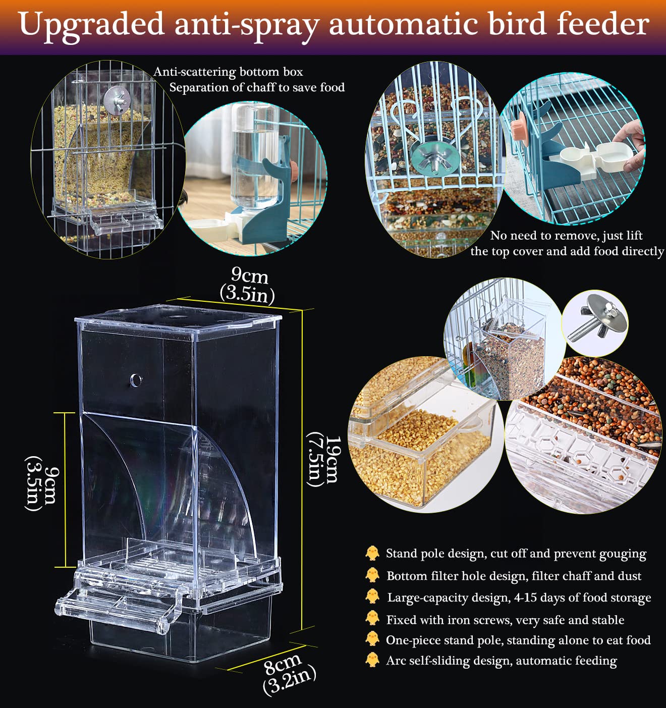 Kenond No Mess Bird Feeder Water Dispenser set, Automatic Parrot Feeder Cage Accessories, Clear Parakeet Seed container Food Feeder Drinker for Cage, Cockatiel Finch Lovebirds Budgies Canary (Blue)