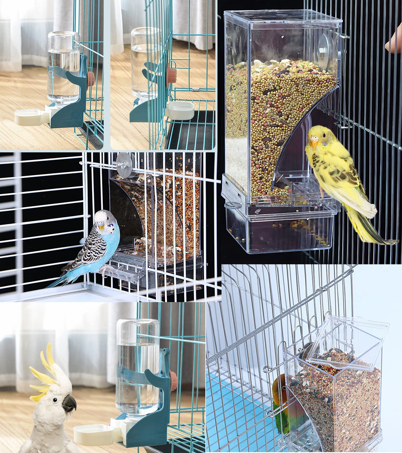 Kenond No Mess Bird Feeder Water Dispenser set, Automatic Parrot Feeder Cage Accessories, Clear Parakeet Seed container Food Feeder Drinker for Cage, Cockatiel Finch Lovebirds Budgies Canary (Blue)