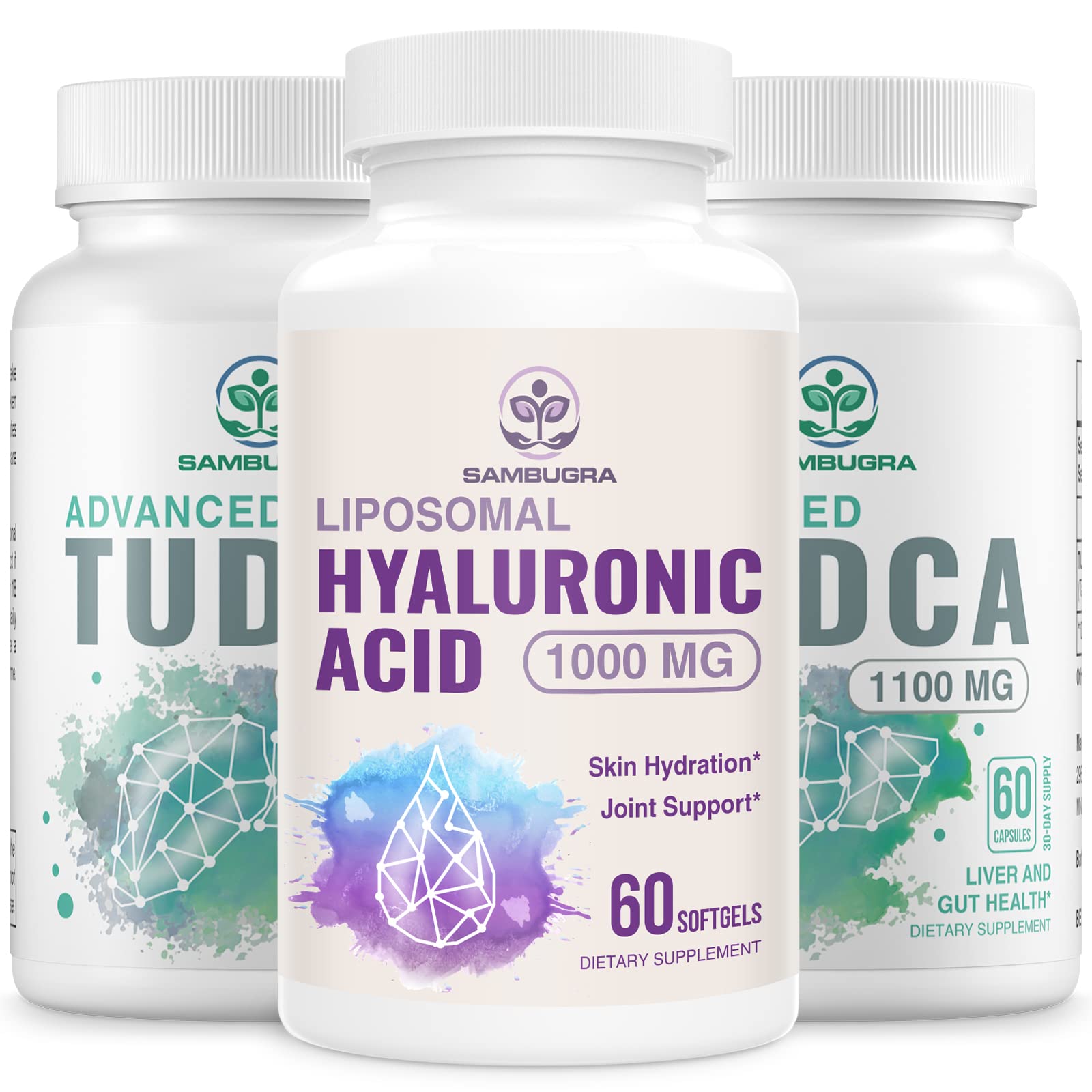 Sambugra TUDCA Liver Supplements 1100mg and Liposomal Hyaluronic Acid Supplements 1000mg, High Bioavailability Supplement (Pack of 3)