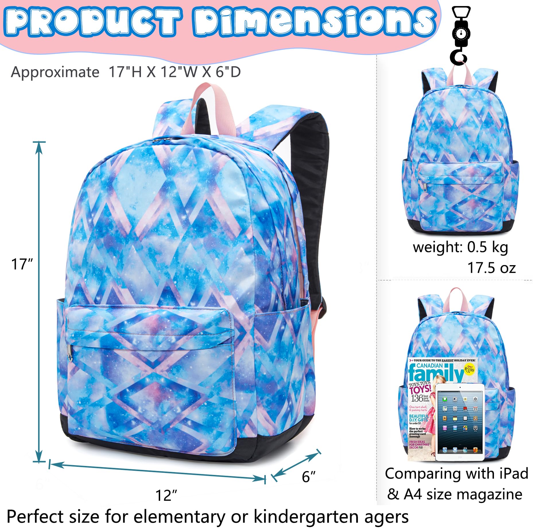 BLUEFAIRY Middle School Backpacks for Girls Teens Ages 8-10 Galaxy Backpack High School Bags Padded Straps Large Book Bag Bookbag for Teenagers Blue 17"