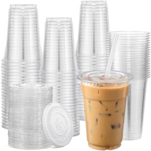 aozita 120 sets - 16 oz clear plastic cups with lids, disposable cups with straw slot lids for cold drinks, milkshake, smoothie, iced coffee and to-go drinkings