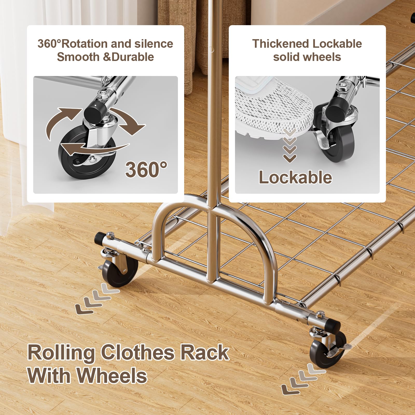 UEAKPIC Clothes Rack Heavy Duty Load 480lbs, Metal Grament Rack With Extensible Size, Rolling Clothing Rack 2-In-1 With Sturdy Wheels & Shelves For Hanging Clothes, Collapsible Wardrobe Rack,Chrome