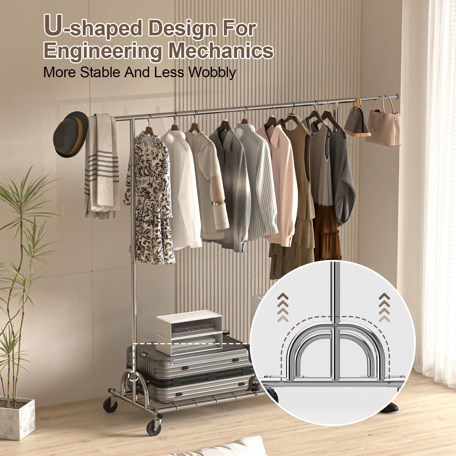 UEAKPIC Clothes Rack Heavy Duty Load 480lbs, Metal Grament Rack With Extensible Size, Rolling Clothing Rack 2-In-1 With Sturdy Wheels & Shelves For Hanging Clothes, Collapsible Wardrobe Rack,Chrome