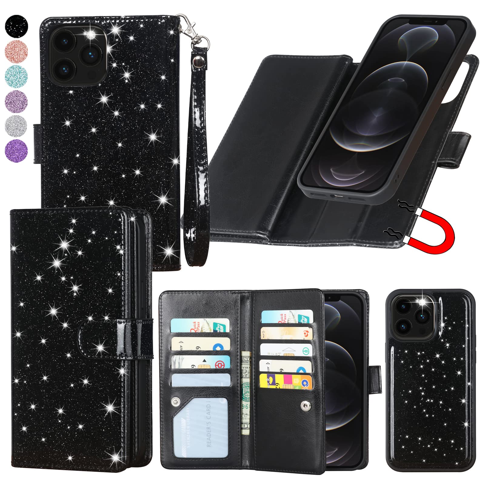 Varikke for iPhone 12 Pro Max Case Wallet, Detachable Magnetic Flip Fits iPhone 12 Pro Max Wallet Case for Women Men with Card Holder & Kickstand & Wrist Strap Glitter PU Leather Cover 6.7", Black